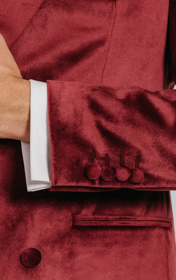 Double Breasted Burgundy Velvet Tuxedo with Black Trousers | Dobell Double Breasted Burgundy Velvet Tuxedo with Black Trousers | Dobell