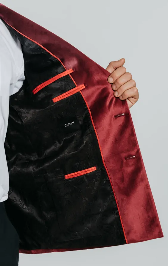 Double Breasted Burgundy Velvet Tuxedo with Black Trousers | Dobell Double Breasted Burgundy Velvet Tuxedo with Black Trousers | Dobell