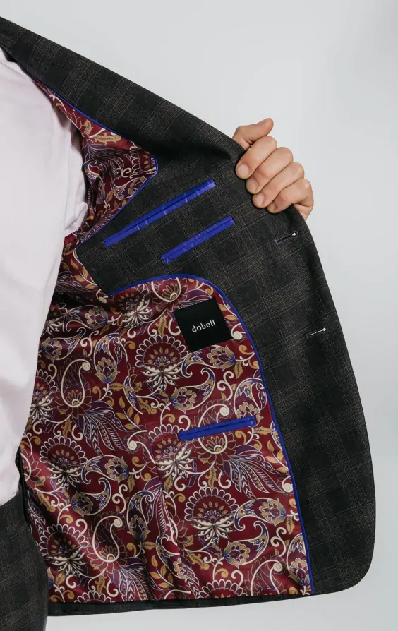 Charcoal Heritage Check with Brown Trim Suit Jacket | Dobell