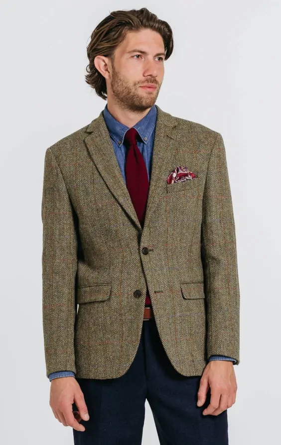 Harris Tweed Green Herringbone Windowpane Check Tweed Jacket | Dobell