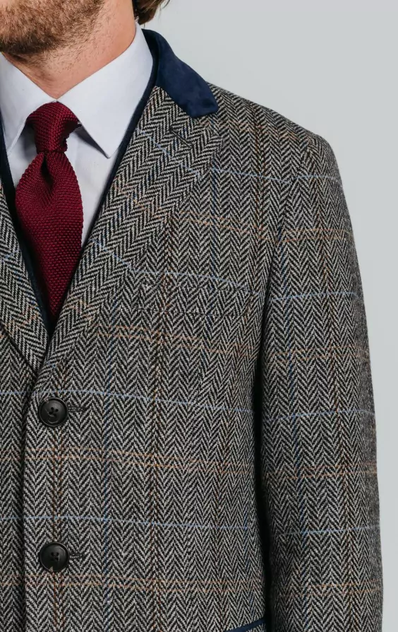 Grey and Blue Check Tweed Wool Blend Overcoat with Velvet Trim | Dobell
