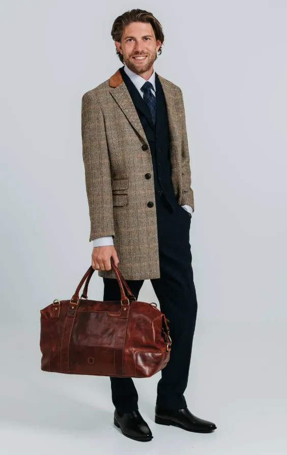 Brown and Blue Check Tweed Wool Blend Overcoat with Velvet Trim | Dobell