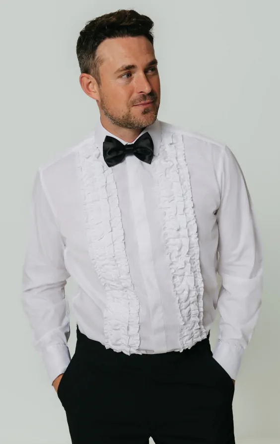 Dobell White Tuxedo Shirt With Ruffle Front | Dobell