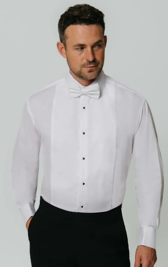 Standard Collar Marcella Front Slim Fit White Tuxedo Shirt | Dobell