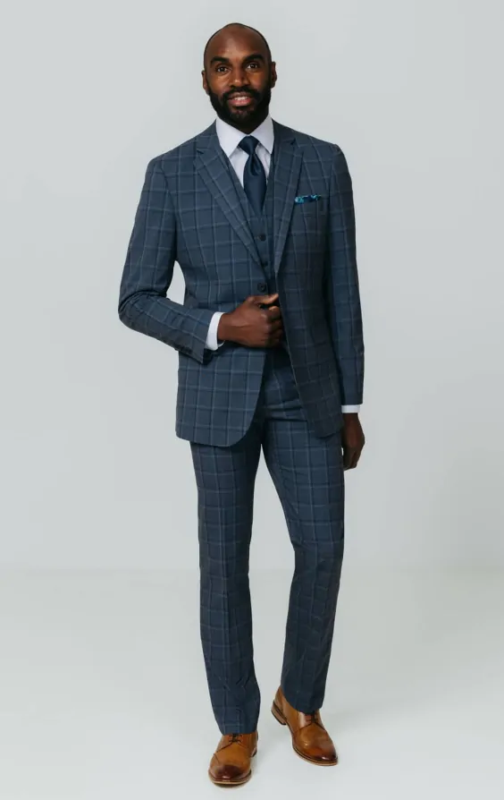 Blue Bold Windowpane Check 3 Piece Suit | Dobell