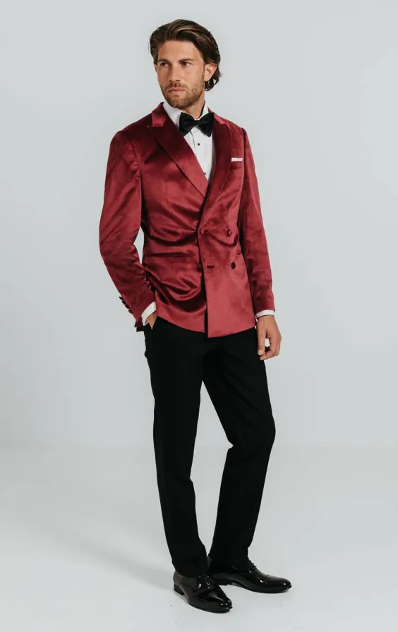 Double Breasted Burgundy Velvet Tuxedo with Black Trousers | Dobell Double Breasted Burgundy Velvet Tuxedo with Black Trousers | Dobell