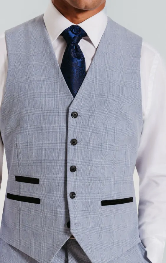 Dobell Light Blue Check Vest with Contrast Trims | Dobell