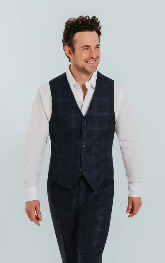 Blue Check Linen Slim Fit Vest | Dobell