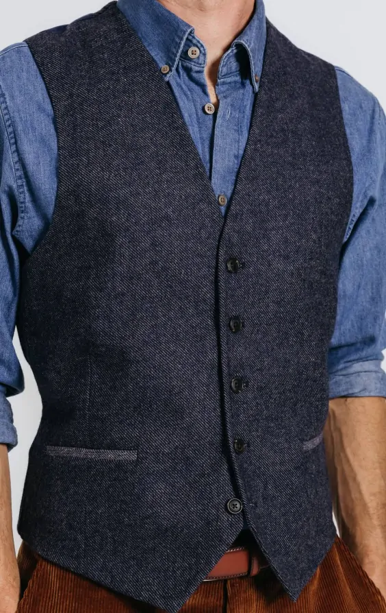 Denim Blue Twill Tweed Vest | Dobell