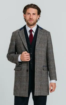 Grey and Blue Check Tweed Wool Blend Overcoat with Velvet Trim | Dobell