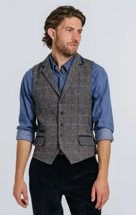 Grey and Blue Check Tweed Wool Blend Vest with Velvet Trim | Dobell